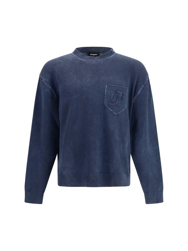 Dsquared2 Crew Neck Long Sleeve Sweater With Chest Pocket - Blue
