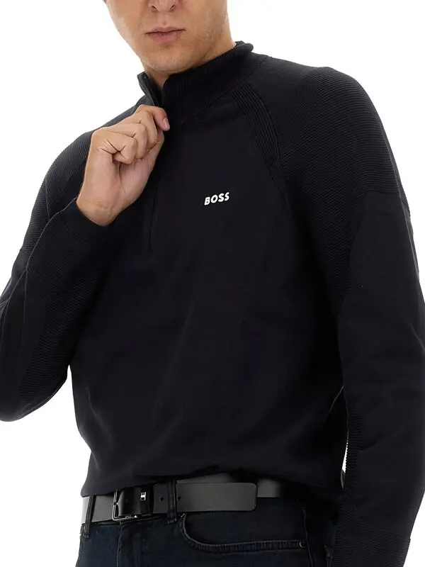 BOSS Sweatshirt With Logo And Stand Collar - Blue