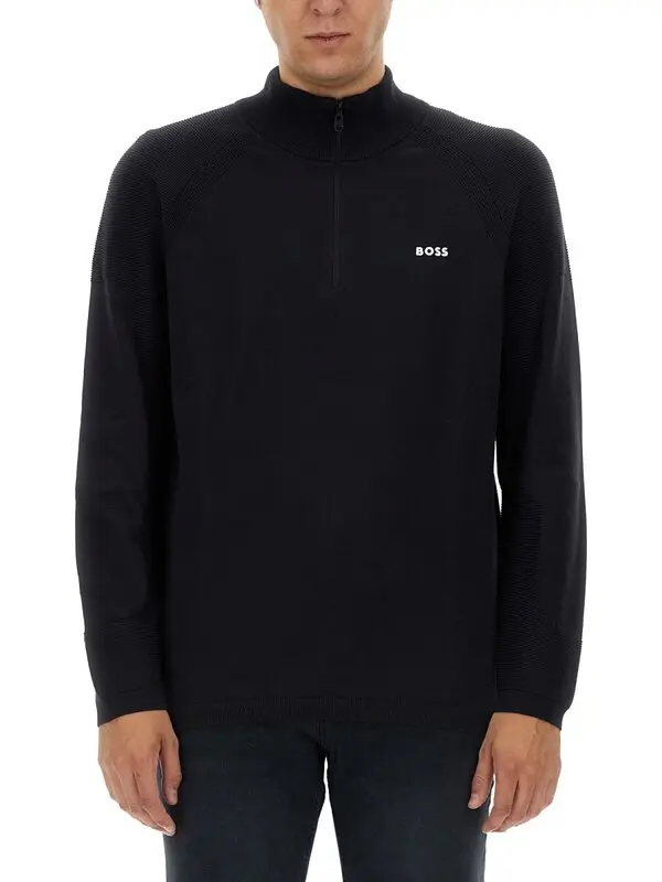BOSS Sweatshirt With Logo And Stand Collar - Blue