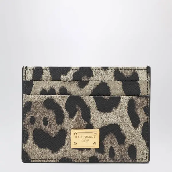 Dolce & Gabbana Card Holder In Leopard-print Dauphine Leather With Logo Plaque - Brown
