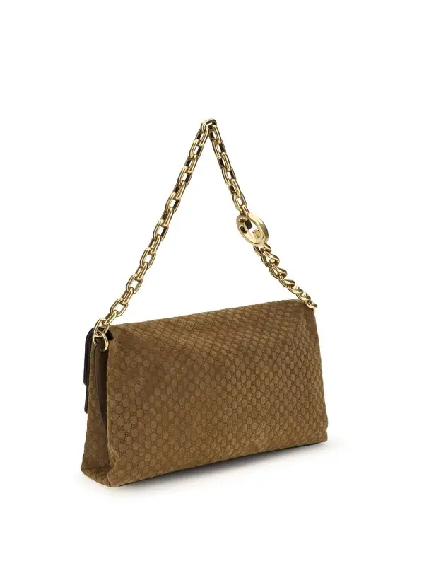 Gucci Large Suede Shoulder Bag With Embossed Gg Design - Brown