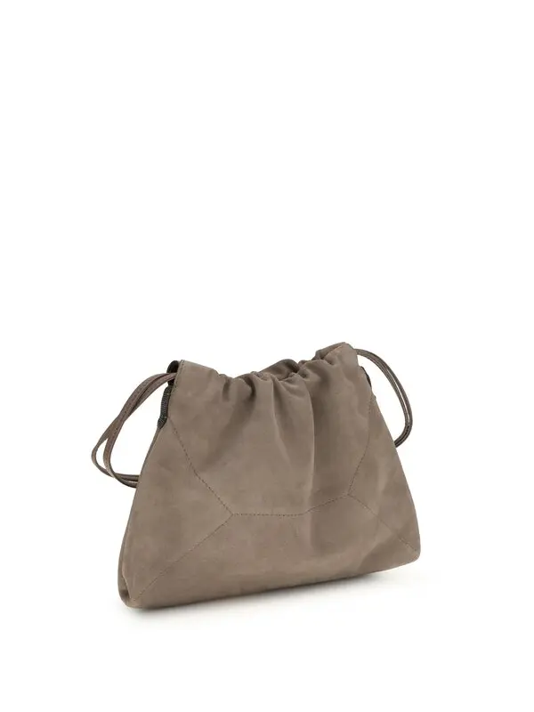 Brunello Cucinelli Suede Drawstring Pouch With Monile Embellishment - Cream