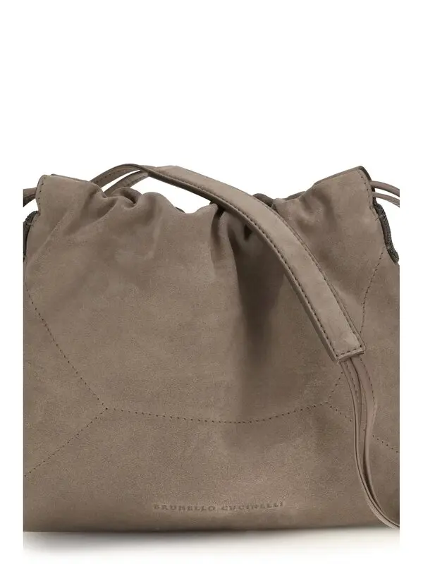 Brunello Cucinelli Suede Drawstring Pouch With Monile Embellishment - Cream