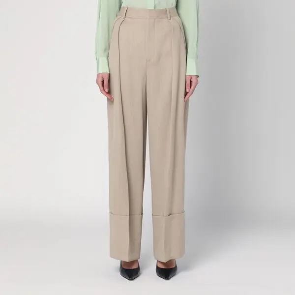 Victoria Beckham Wide Leg Wool Trousers - Cream