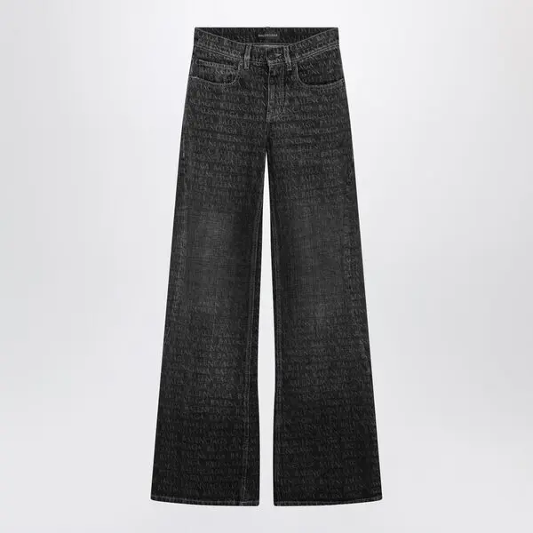 Balenciaga Washed Jacquard Logo Wide Leg Jeans - Black
