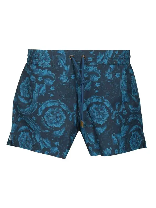 Versace Nylon Swim Shorts With Baroque Print - Blue
