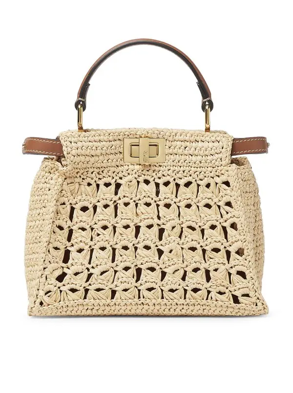 Fendi Peekaboo Mini Raffia Bag With Openwork Woven Pattern - Cream