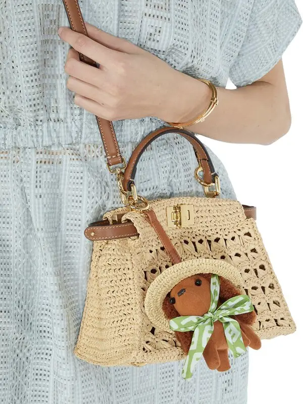 Fendi Peekaboo Mini Raffia Bag With Openwork Woven Pattern - Cream