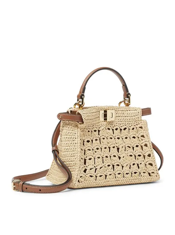 Fendi Peekaboo Mini Raffia Bag With Openwork Woven Pattern - Cream