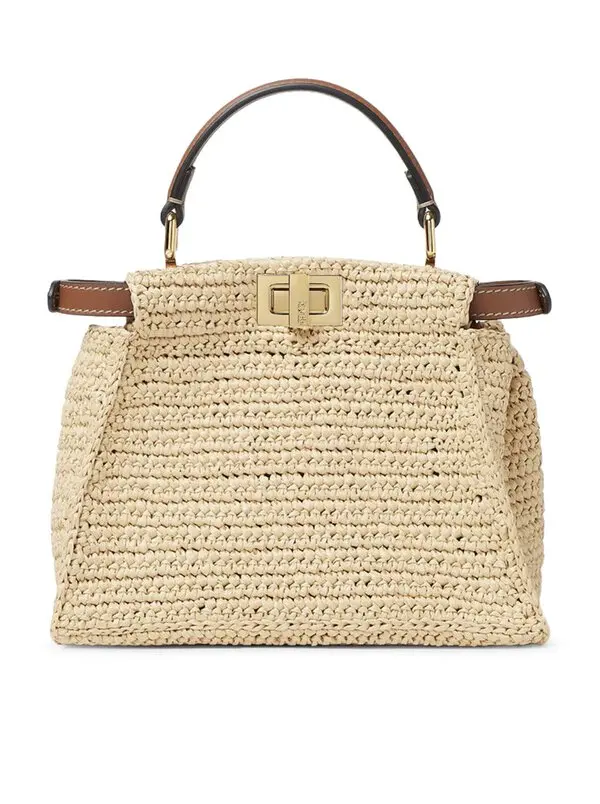 Fendi Peekaboo Mini Raffia Bag With Openwork Woven Pattern - Cream