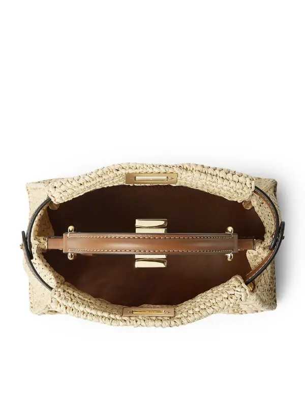 Fendi Peekaboo Mini Raffia Bag With Openwork Woven Pattern - Cream
