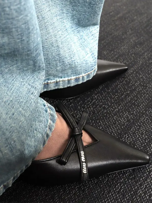 Miu Miu Black Leather Pointed Toe Slingback Pumps With Bow Detail