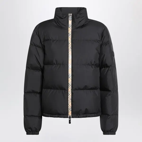 Burberry Zip-up Puffer Jacket With Check Detail - Black