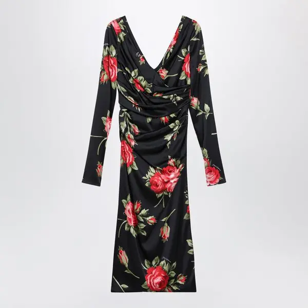 Dolce & Gabbana Black Bouquet Rose Print Draped Satin Dress - Multicolor