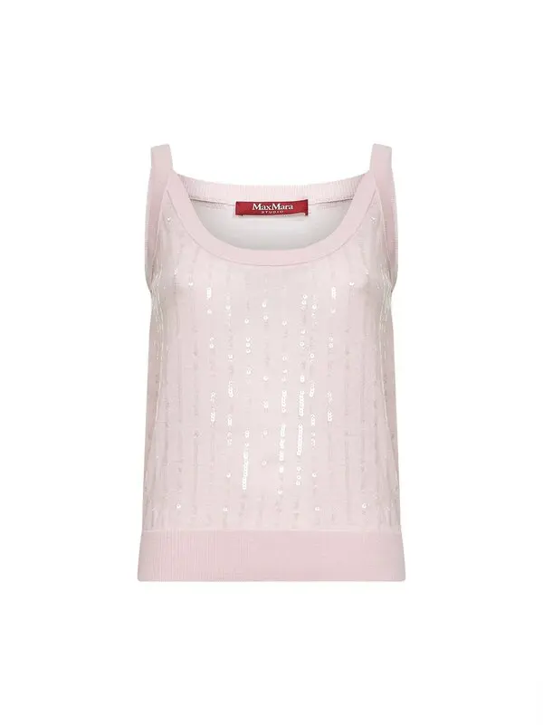 Max Mara Pink Sequin Embellished Silk Wool Knit Top