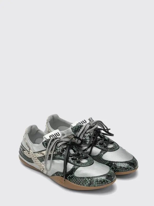 Miu Miu Snakeskin Trimmed Lace-up Sneakers - Gray