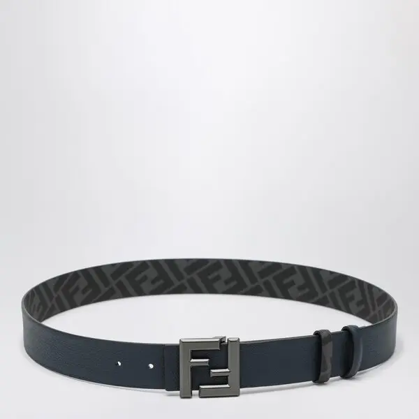 Fendi Dark Leather And Black Ff Canvas Reversible Belt - Blue