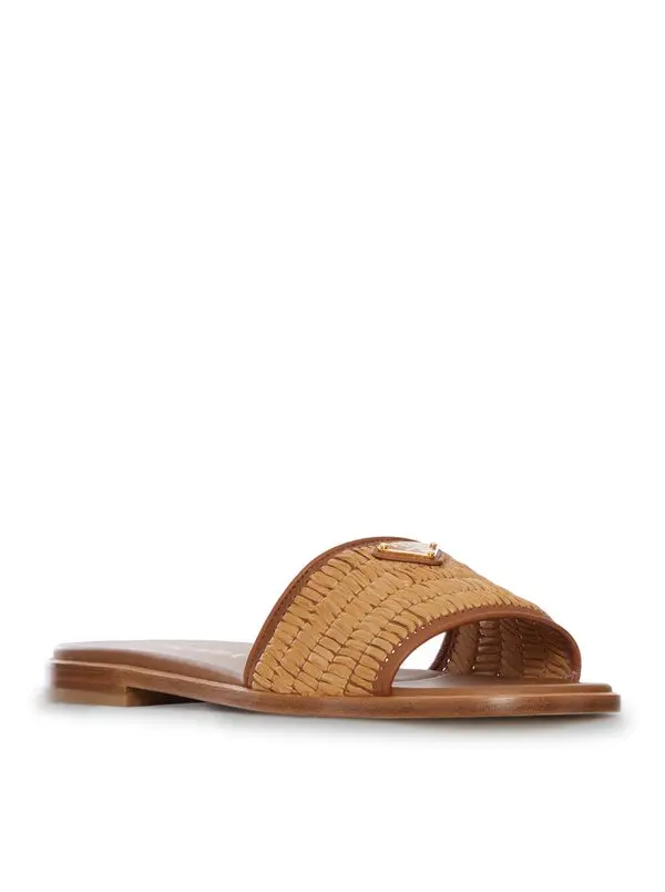 Prada Raffia Slippers With Metal Logo