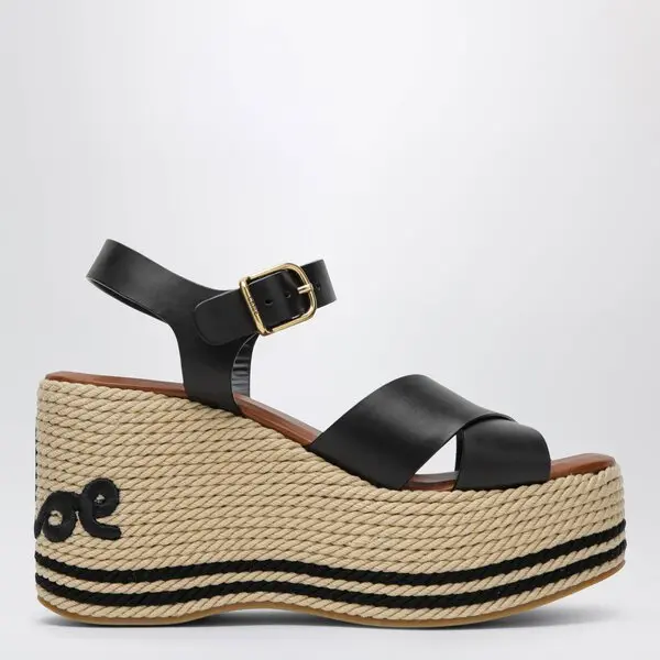 Chloé Calfskin Leather Wedge Sandals With Braided Rope Sole - Black