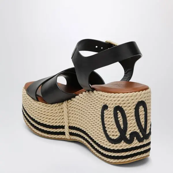 Chloé Calfskin Leather Wedge Sandals With Braided Rope Sole - Black