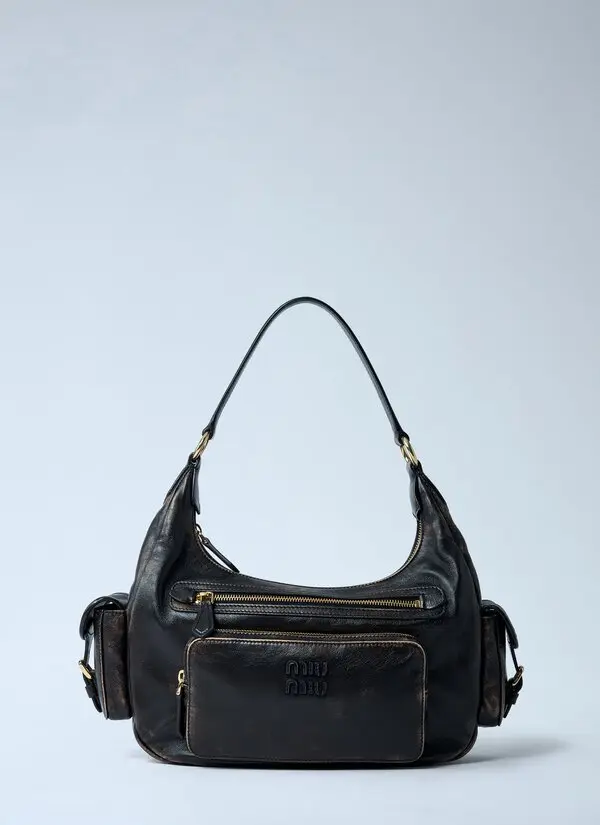 Miu Miu Leather Shoulder Bag With Distressed Finish And Zip Pockets