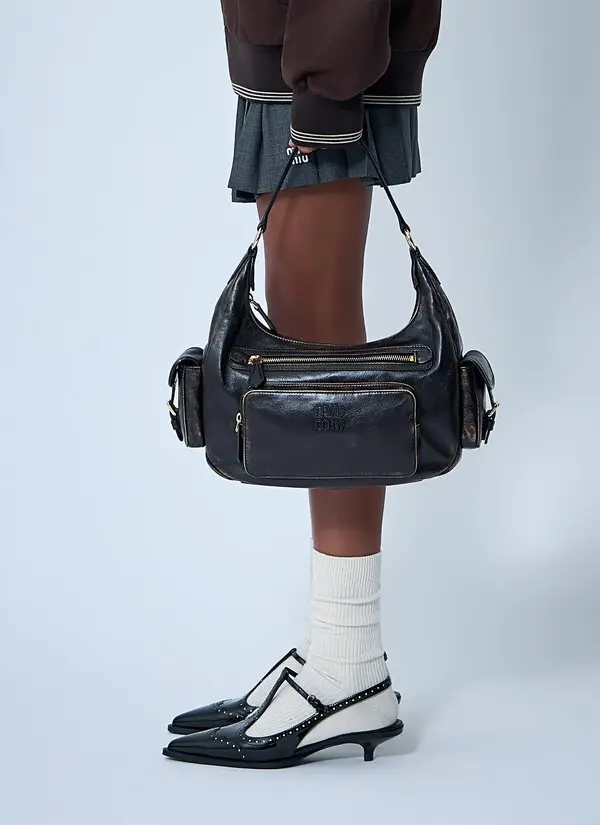 Miu Miu Leather Shoulder Bag With Distressed Finish And Zip Pockets