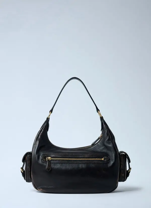 Miu Miu Leather Shoulder Bag With Distressed Finish And Zip Pockets - Brown