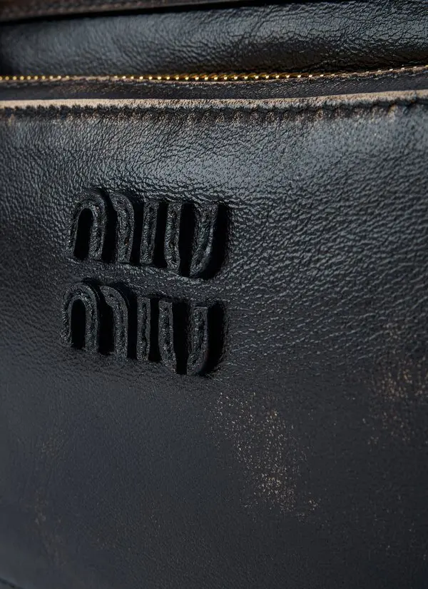 Miu Miu Leather Shoulder Bag With Distressed Finish And Zip Pockets - Brown