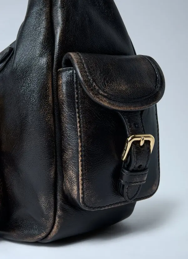 Miu Miu Leather Shoulder Bag With Distressed Finish And Zip Pockets - Brown