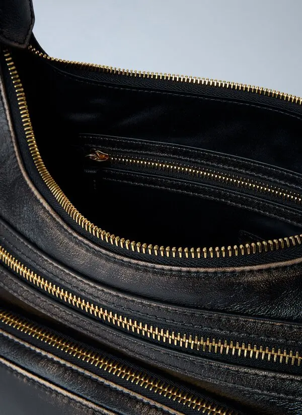Miu Miu Leather Shoulder Bag With Distressed Finish And Zip Pockets - Brown