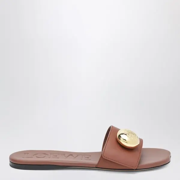 Loewe Leather Pebble Slides With Gold Anagram Medallion - Brown