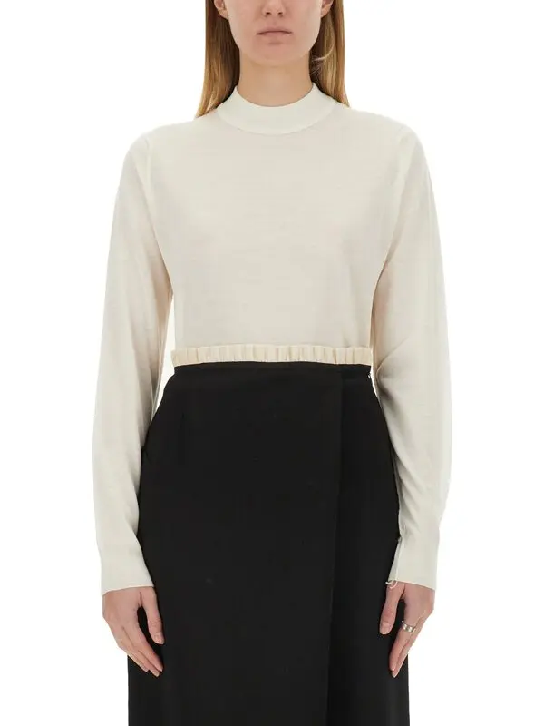 MAISON MARGIELA Wool Jersey High Neck Long Sleeve Sweater With Gathered Detail - Cream