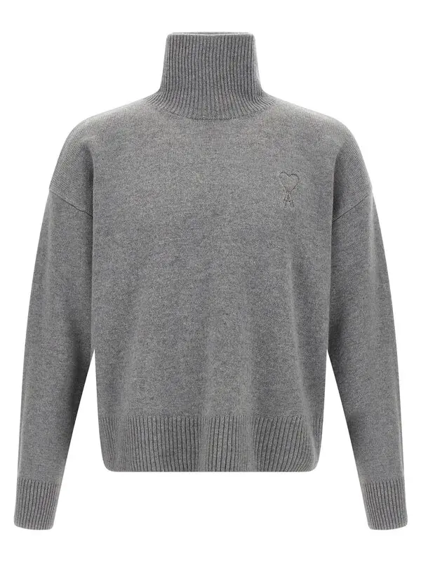 AMI Paris Puff Logo High Neck Sweater - Gray