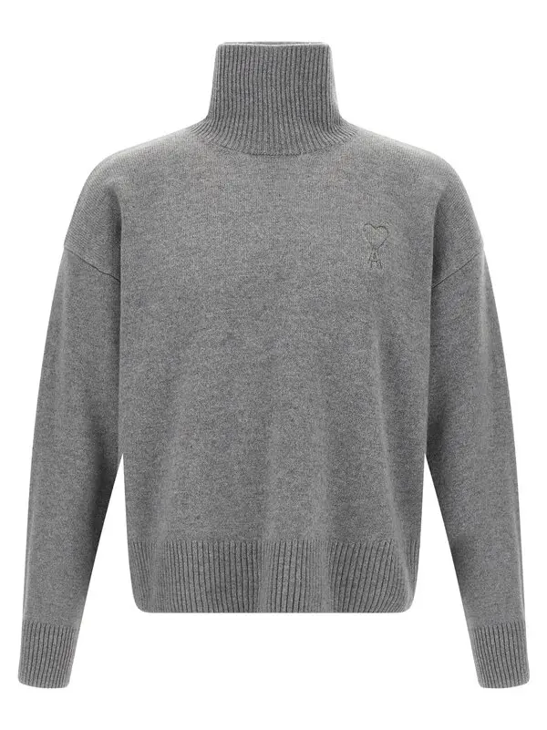 AMI Paris Puff Logo High Neck Sweater - Gray