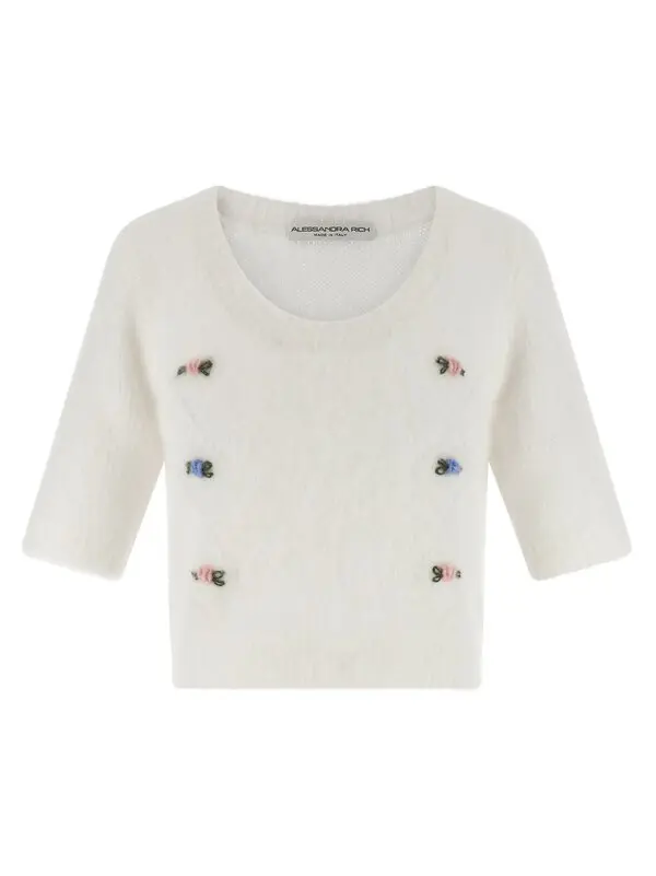 Alessandra Rich Carded Mohair Cropped Sweater With Embroidery - White