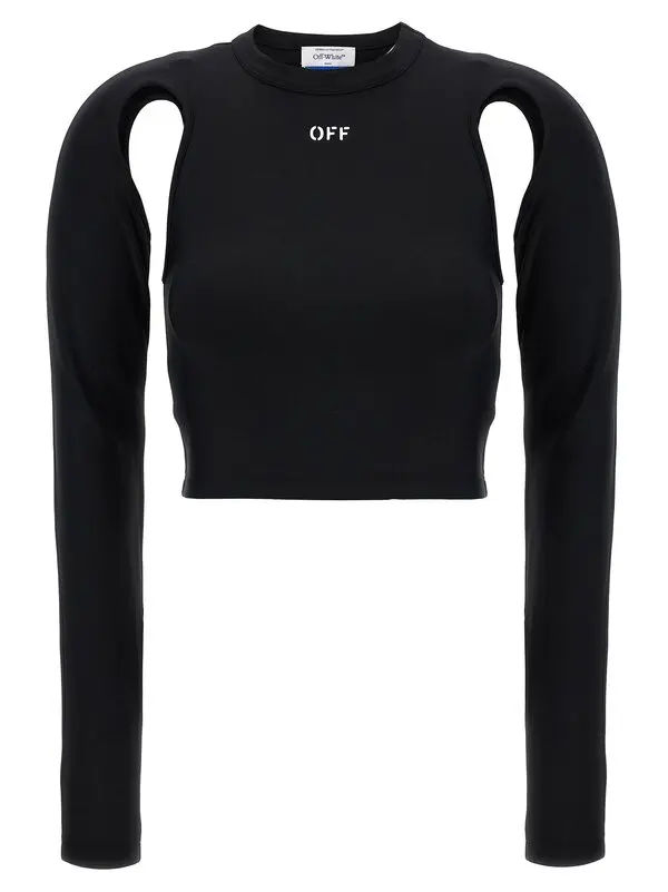Off-White Sleek Long Sleeve Cropped Top With Cut-out Detail - Black