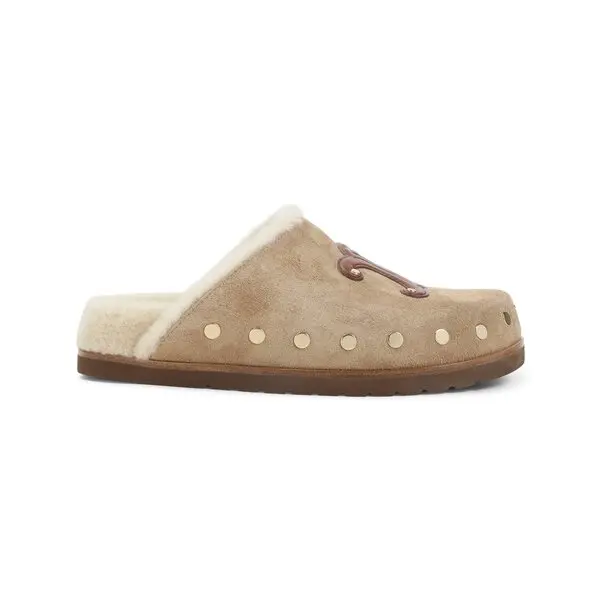 Celine Triomphe Wedge 15mm Suede Shearling Mules - Brown