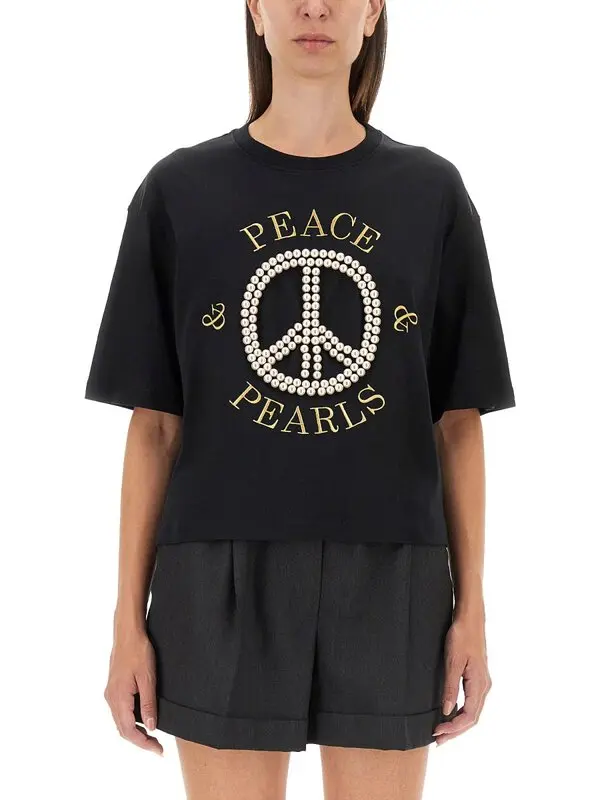Moschino Cropped Cotton T-shirt With Logo Detail - Black