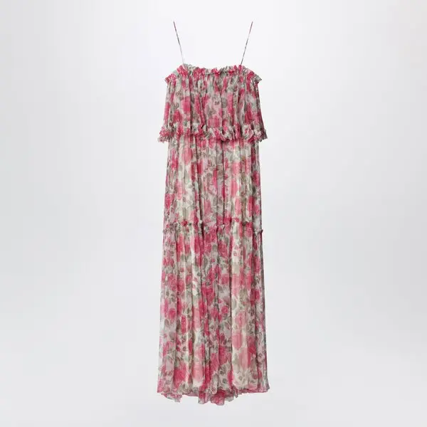 Chloé Long Silk Muslin Dress With Rose Print - Multicolor
