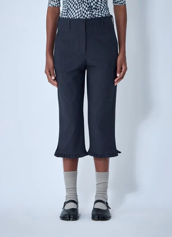 GANNI Stretch Stripe Capri Pants With Ruffle Hem - Gray