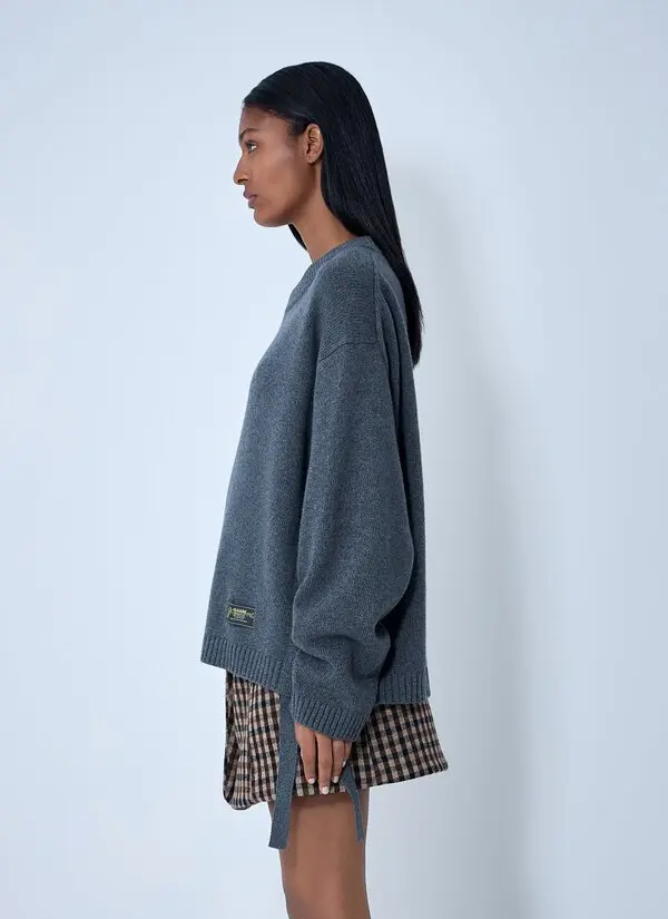 GANNI Wool-blend Crewneck Sweater With Logo Patch - Gray