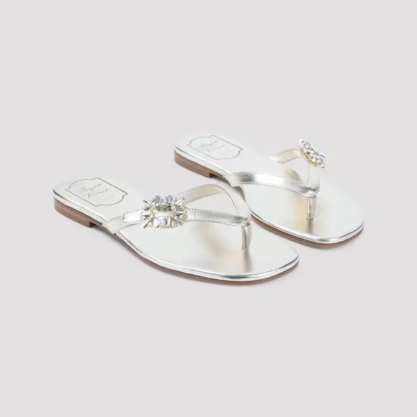 ROGER VIVIER Light Gold Leather Embellished Flip Flops