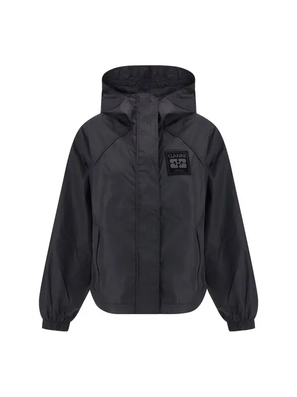 GANNI Recycled Nylon Hooded Jacket With Logo Detail - Black