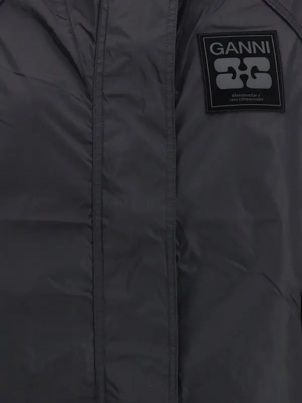 GANNI Recycled Nylon Hooded Jacket With Logo Detail - Black