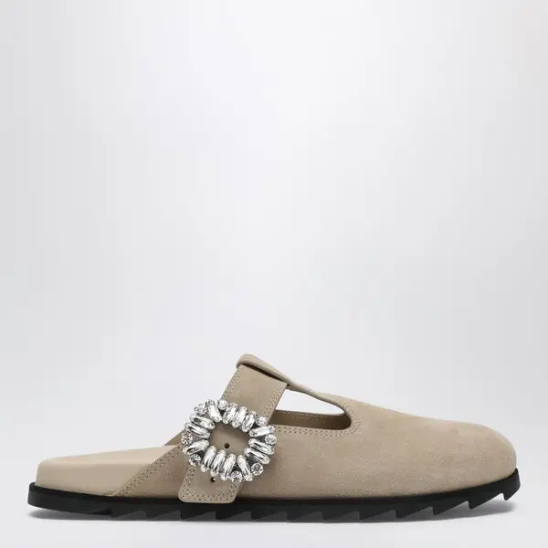 ROGER VIVIER Suede Mules With Crystal Buckle - Cream