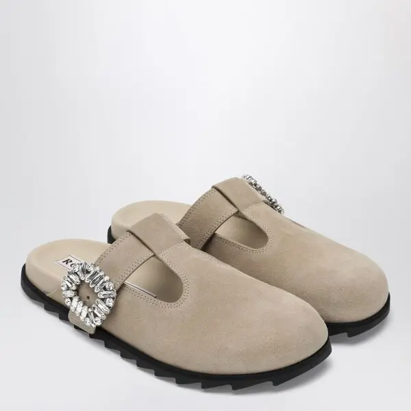 ROGER VIVIER Suede Mules With Crystal Buckle - Cream