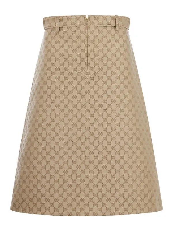 Gucci Gg Jacquard Cotton A-line Skirt With Leather Trim