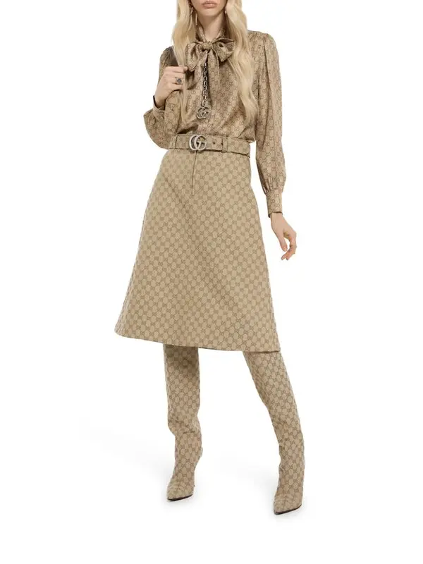 Gucci Gg Jacquard Cotton A-line Skirt With Leather Trim