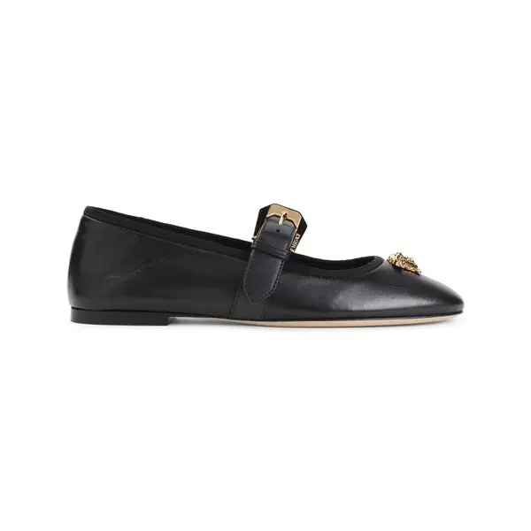 Versace Lamb Leather Ballerinas With Gold Tone Embellishment - Black