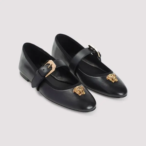 Versace Lamb Leather Ballerinas With Gold Tone Embellishment - Black